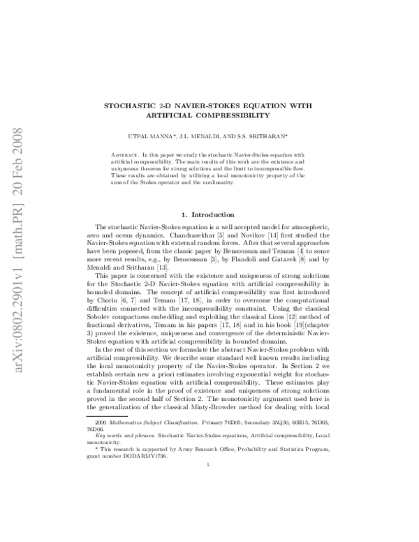 (PDF) Stochastic 2-D Navier-Stokes equation with artificial compressibility | Utpal Manna ...