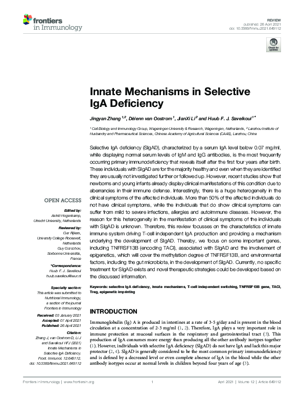 (PDF) Innate Mechanisms in Selective IgA Deficiency