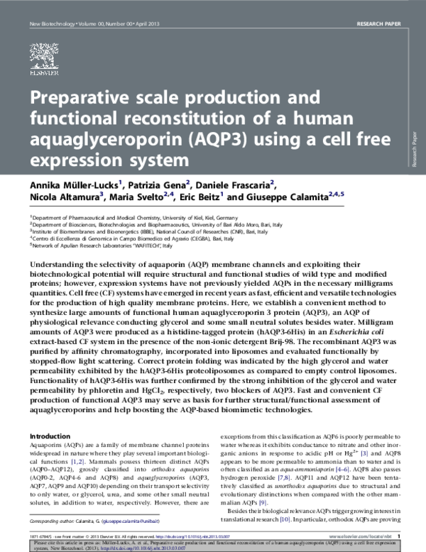 (PDF) Preparative scale production and functional reconstitution of a ...
