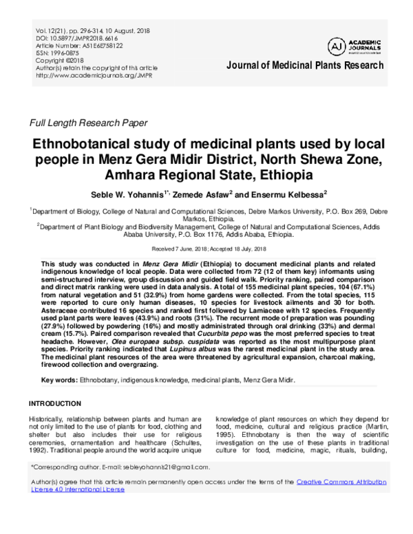(PDF) Ethnobotanical study of medicinal plants used by local people in ...