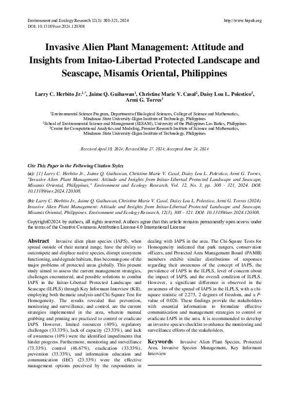 (PDF) Invasive Alien Plant Management: Attitude and Insights from Initao-Libertad Protected ...
