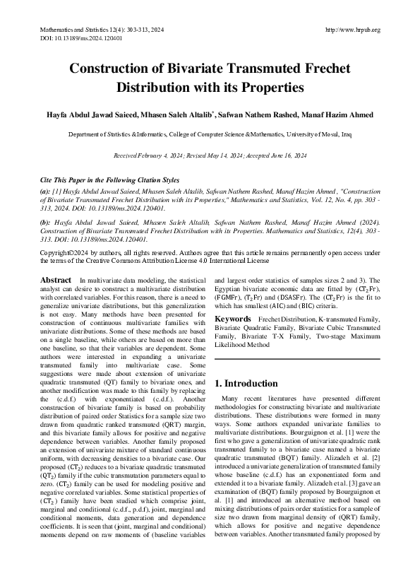 (PDF) Construction of Bivariate Transmuted Frechet Distribution with ...