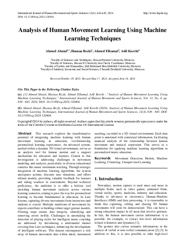 (PDF) Analysis of Human Movement Learning Using Machine Learning Techniques