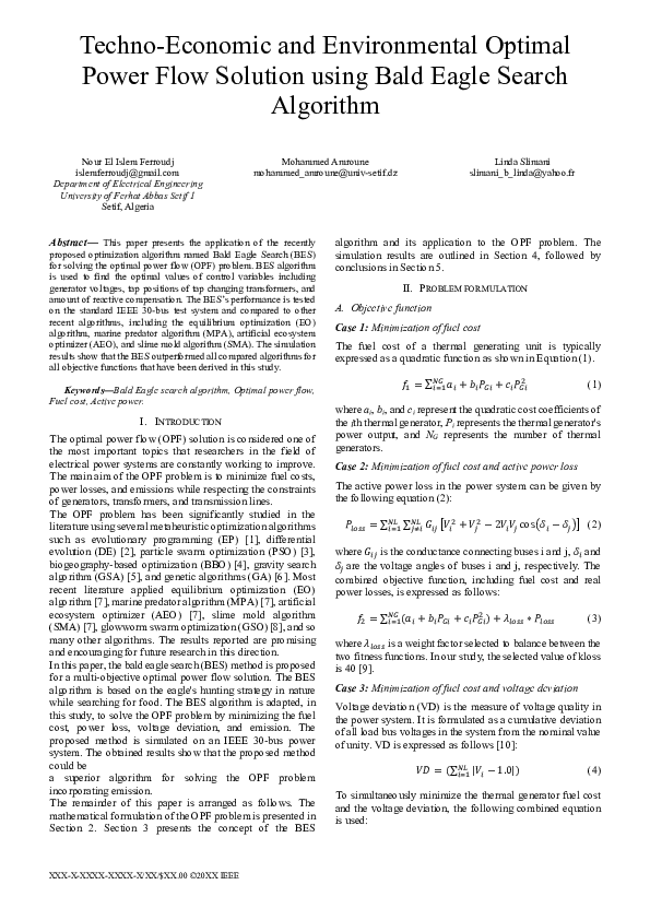 (PDF) Techno-Economic and Environmental Optimal Power Flow Solution using Bald Eagle Search ...