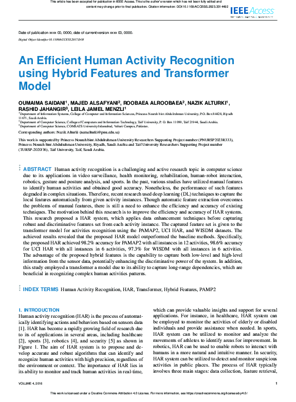 Pdf An Efficient Human Activity Recognition Using Hybrid Features And