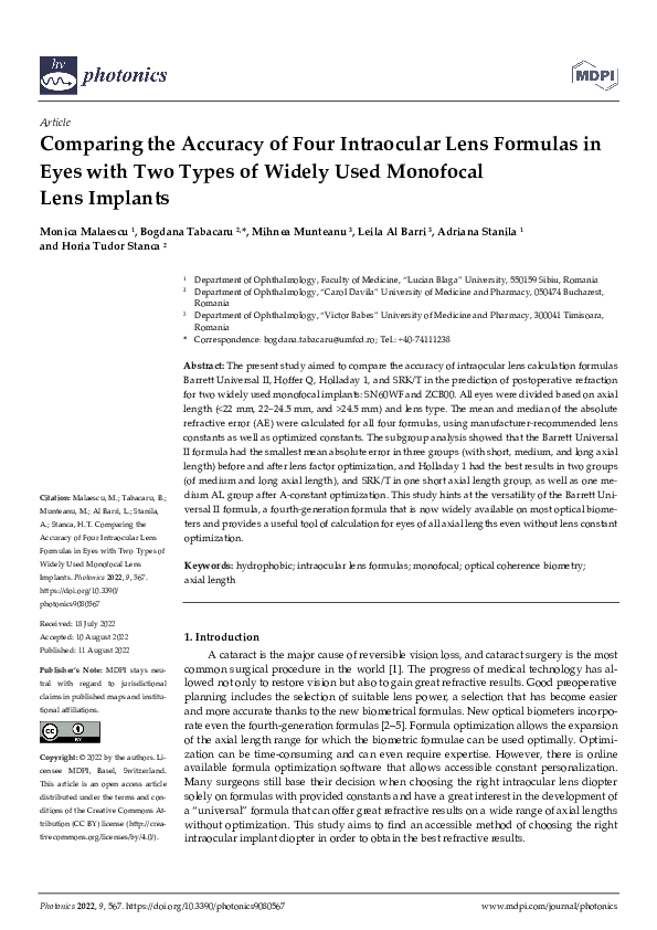 (PDF) Accuracy of IOL Formulas for Monofocal Lenses