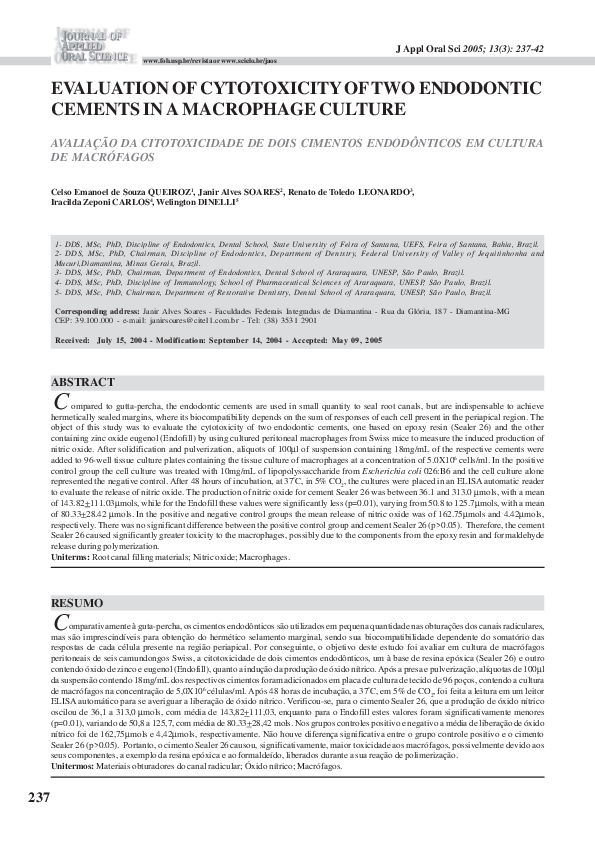 (PDF) Evaluation of cytotoxicity of two endodontic cements in a macrophage culture | Diana Frota ...