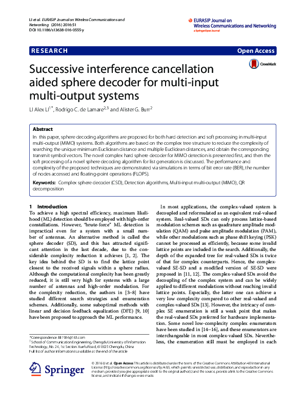 (PDF) Successive interference cancellation aided sphere decoder for multi-input multi-output systems