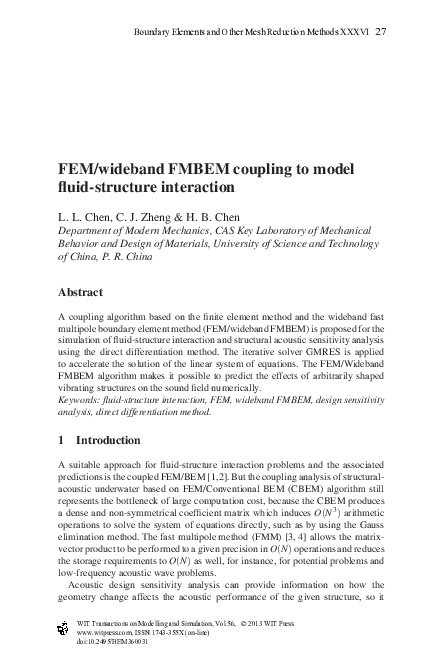Pdf Fem Wideband Fmbem Coupling To Model Fluid Structure Interaction Haibo Chen