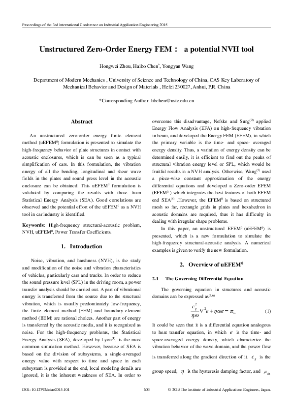 (PDF) Unstructured Zero-Order Energy FEM: a potential NVH tool