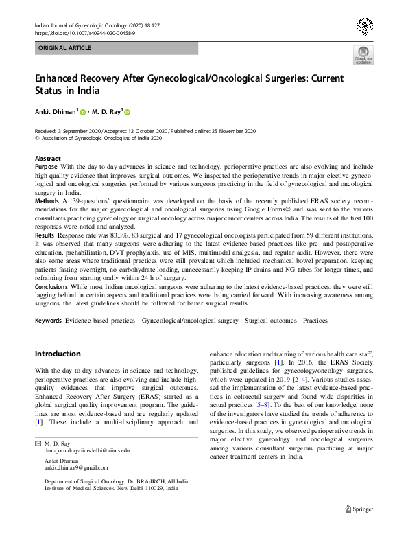 (PDF) Enhanced Recovery After Gynecological/Oncological Surgeries ...