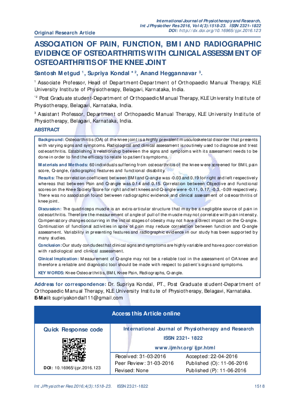 (PDF) Association of Pain, Function, Bmi and Radiographic Evidence of ...