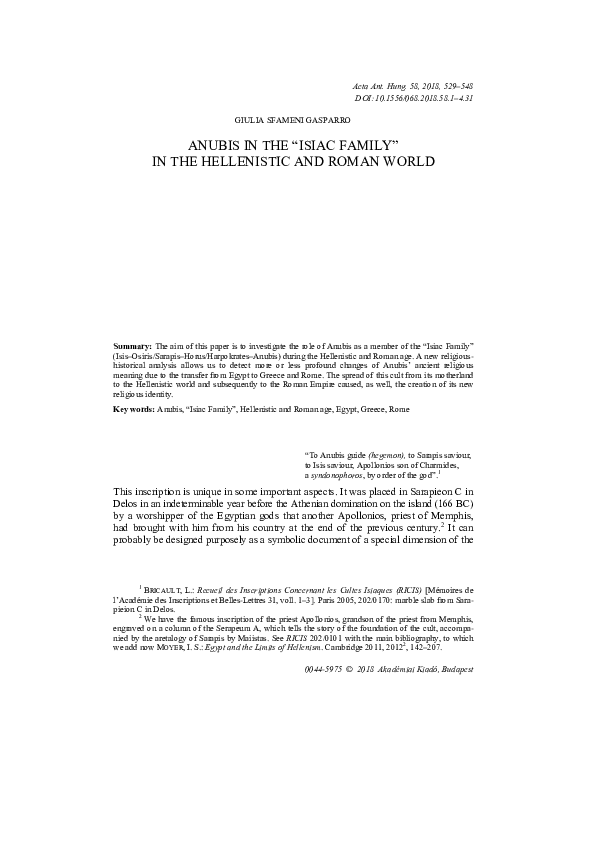 (PDF) Anubis in the “Isiac Family” in the Hellenistic and Roman World