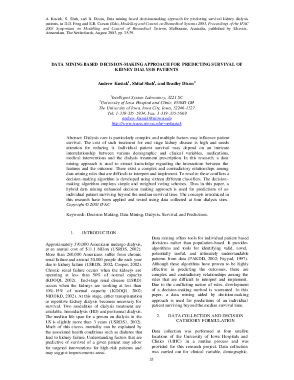 (PDF) Data mining based decision-making approach for predicting survival of kidney dialysis patients