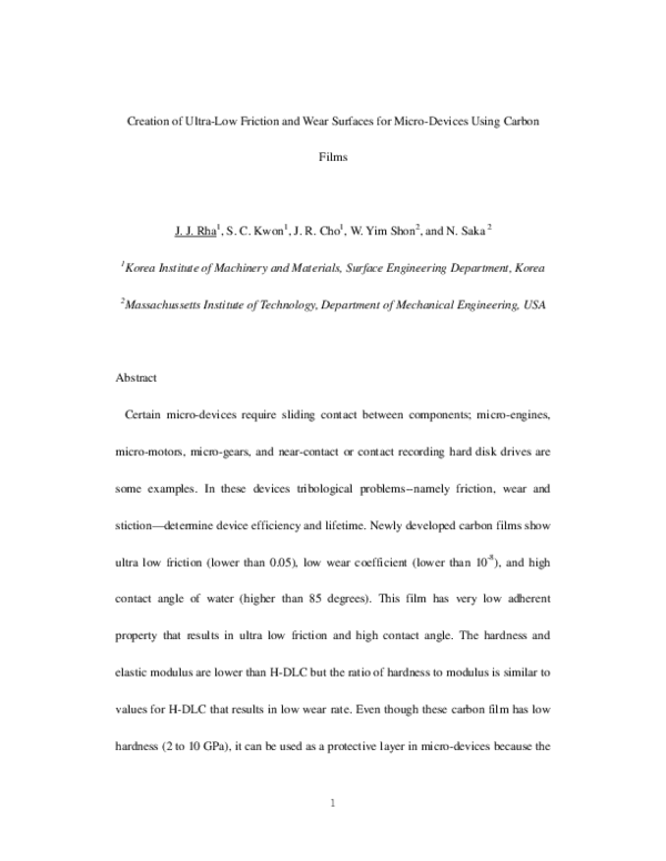(PDF) Creation of ultra-low friction and wear surfaces for micro ...