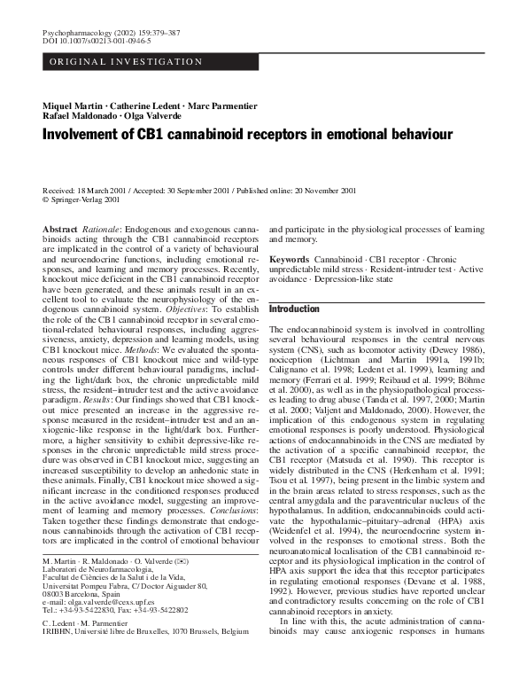 (PDF) Involvement of CB1 cannabinoid receptors in emotional behaviour