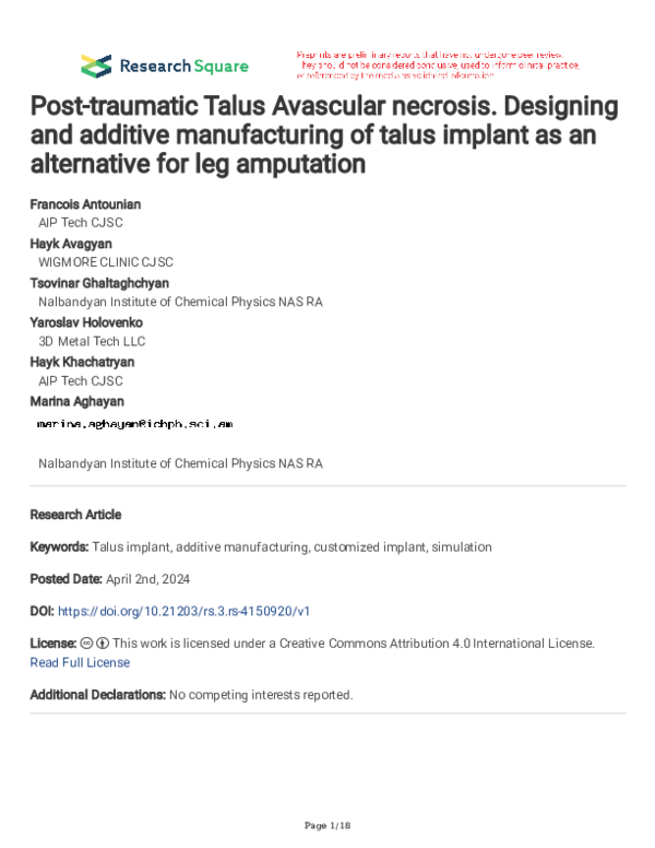 (PDF) Post-traumatic Talus Avascular necrosis. Designing and additive ...
