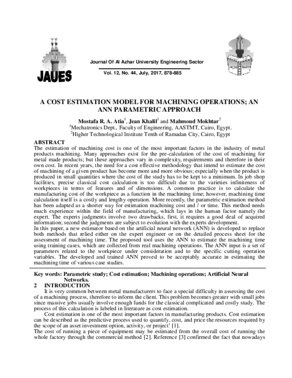 Pdf A Cost Estimation Model For Machining Operations An Ann Parametric Approach Mahmoud M
