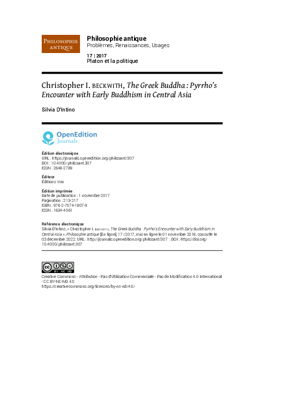 (PDF) Christopher I. Beckwith, The Greek Buddha : Pyrrho’s Encounter ...