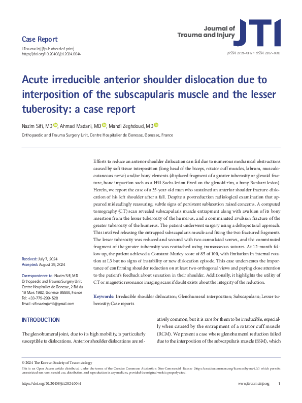 (PDF) Acute irreducible anterior shoulder dislocation due to ...