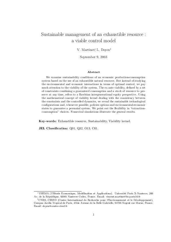(PDF) Sustainable management of an exhaustible resource:a viable control model