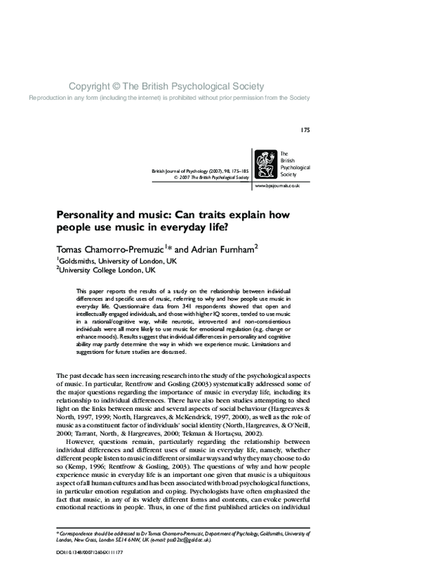 (PDF) Personality and music: Can traits explain how people use music in ...