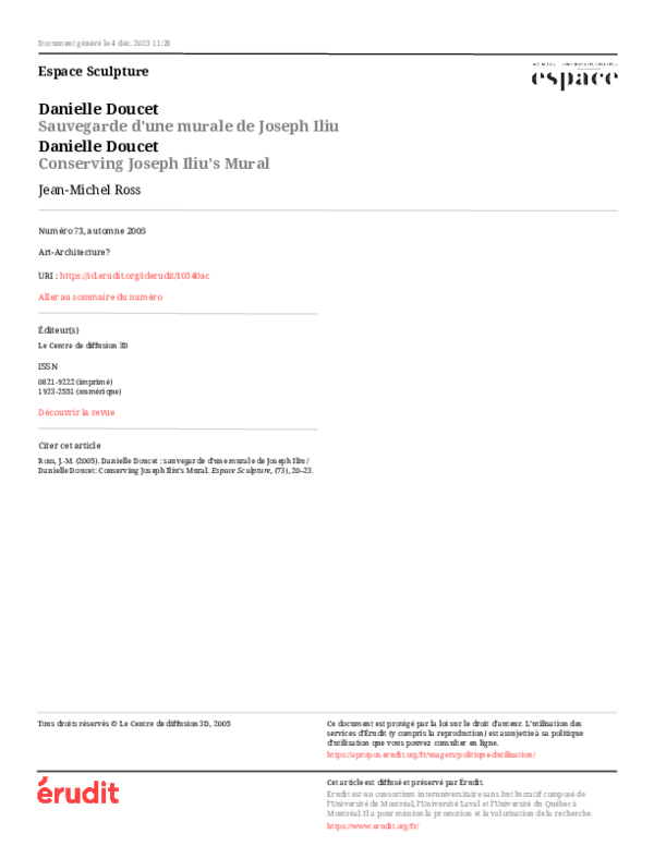 (PDF) Danielle Doucet : sauvegarde d’une murale de Joseph Iliu / Danielle Doucet: Conserving ...