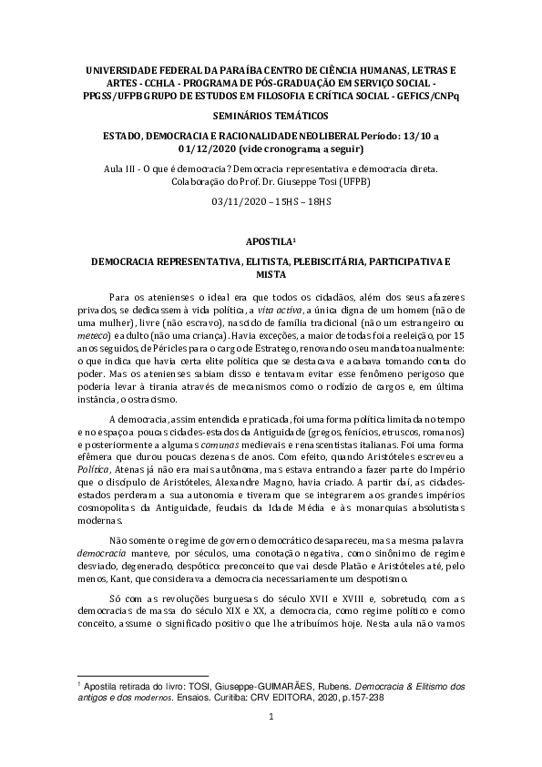 (PDF) TOSI.DEMOCRACIA REPRESENTATIVA, DIRETA, PLEBISCITÁRIA E MISTA FINAL