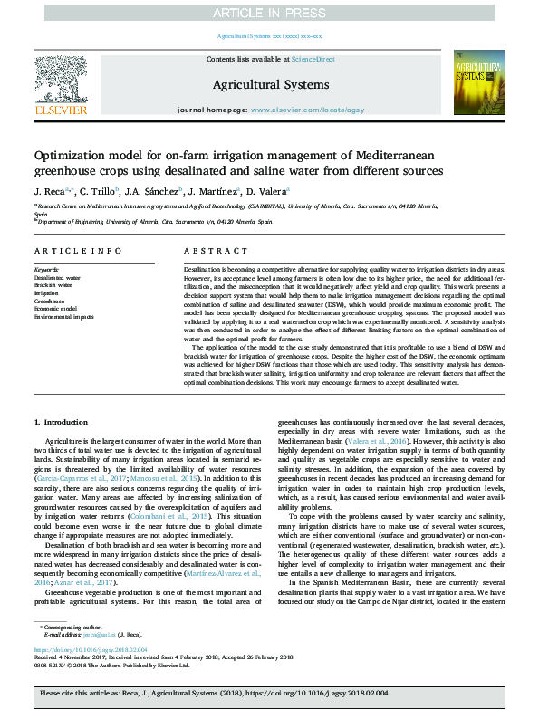 (PDF) Optimization model for on-farm irrigation management of ...
