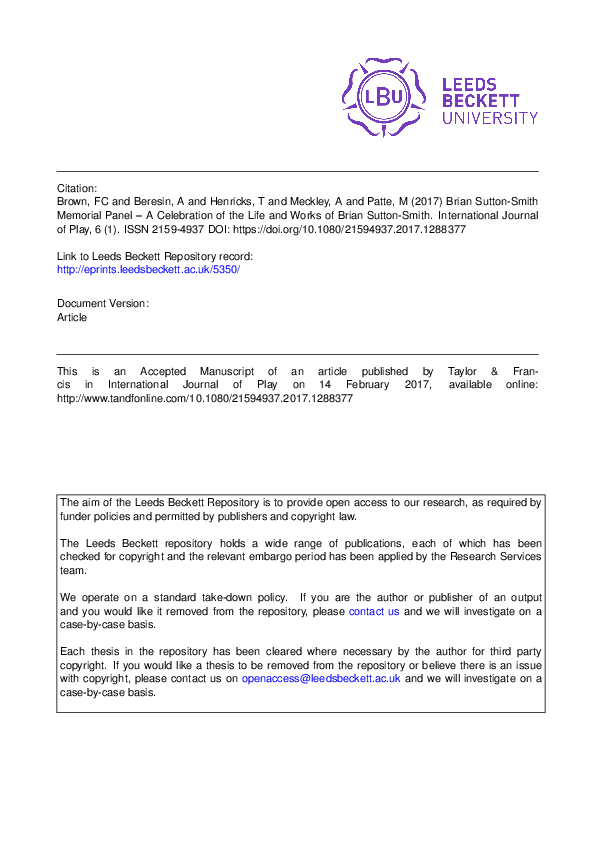 (PDF) Brian Sutton-Smith memorial panel – a celebration of the life and ...