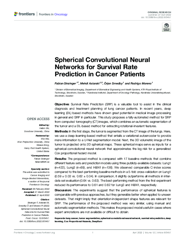 (PDF) Spherical Convolutional Neural Networks for Survival Rate Prediction in Cancer Patients
