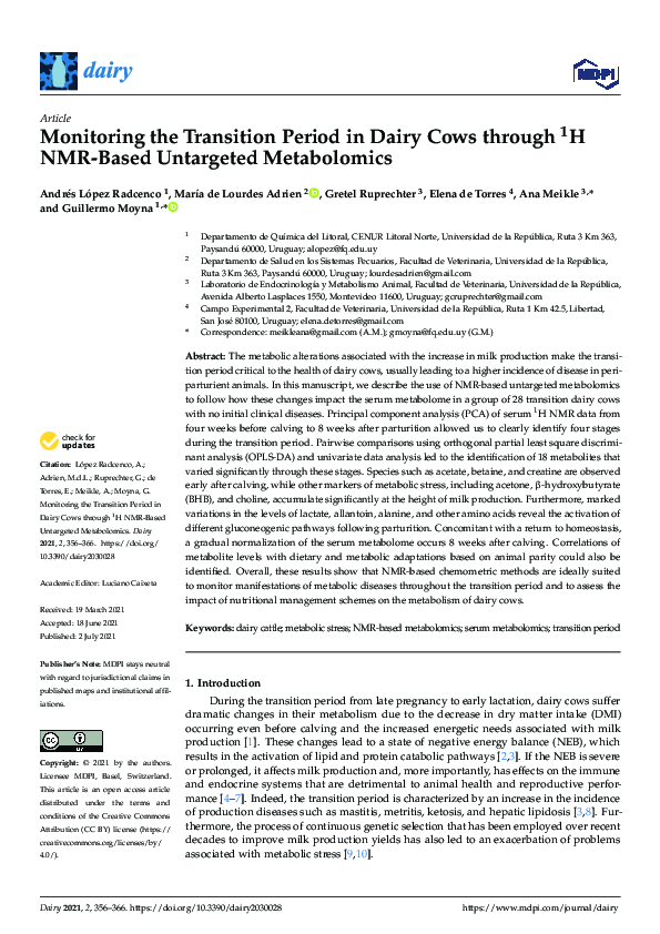 (PDF) Monitoring the Transition Period in Dairy Cows through 1H NMR ...