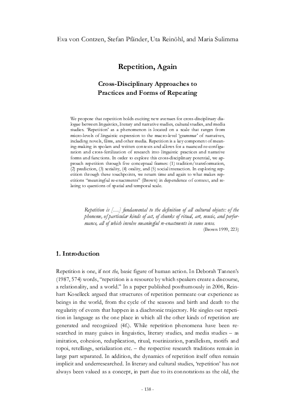 (PDF) Repetition, again - Cross-Disciplinary Approaches to Practices and Forms of Repeating