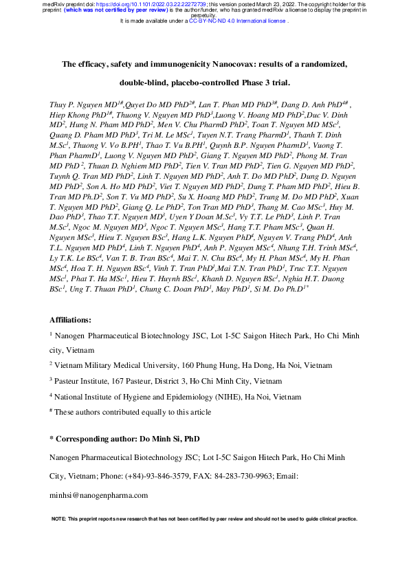 (PDF) The efficacy, safety and immunogenicity Nanocovax: results of a randomized, double-blind ...