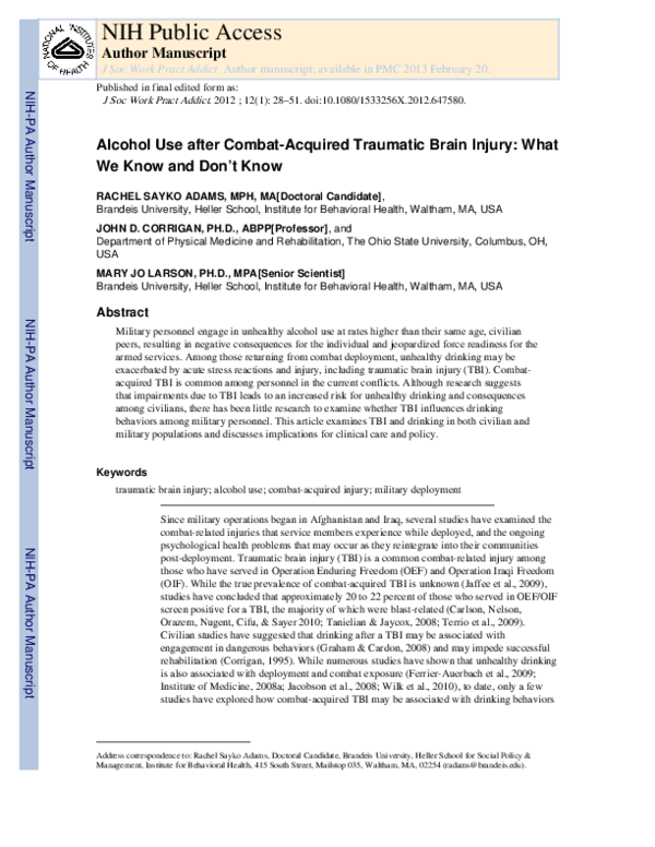 (PDF) Alcohol Use after Combat-Acquired Traumatic Brain Injury: What We ...