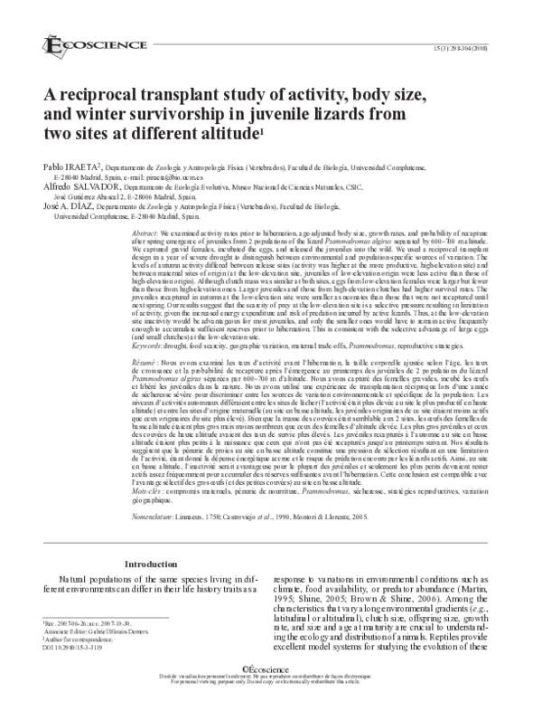 (PDF) A reciprocal transplant study of activity, body size, and winter ...
