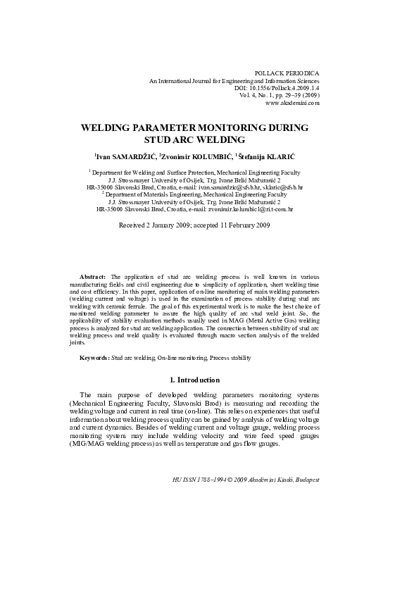 (PDF) Welding parameter monitoring during stud arc welding