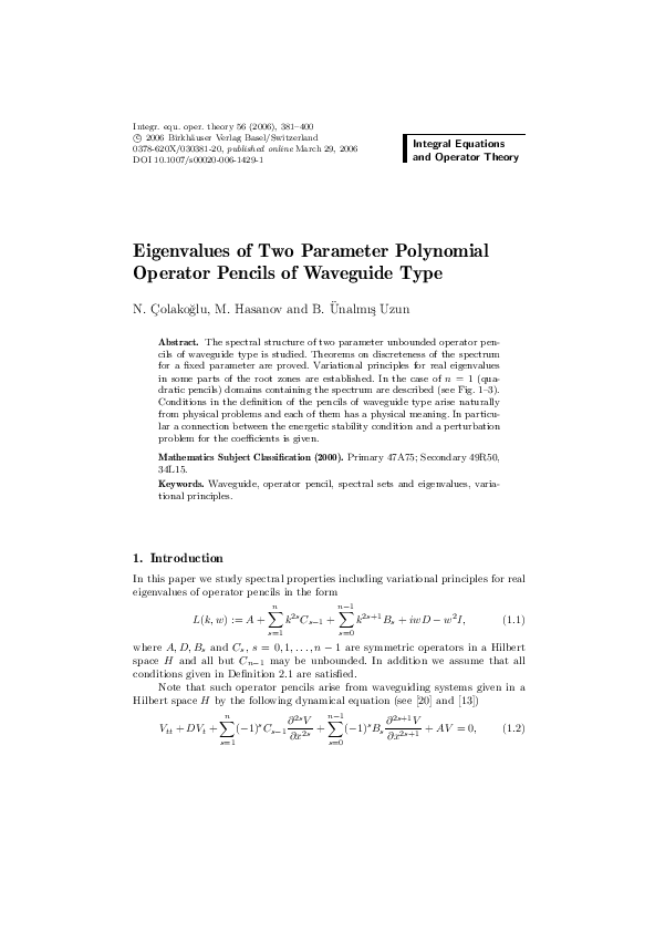 (PDF) Eigenvalues of Two Parameter Polynomial Operator Pencils of Waveguide Type