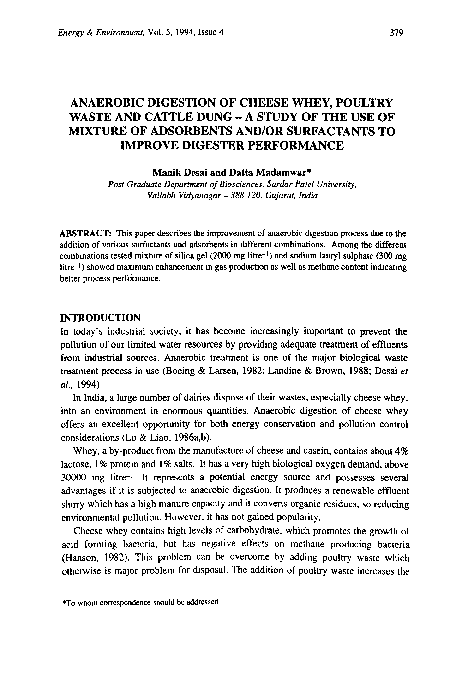 (PDF) Anaerobic Digestion of Cheese Whey, Poultry Waste and Cattle Dung ...