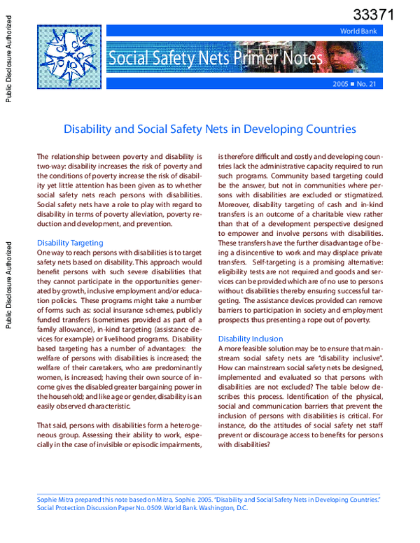 (PDF) Disability and Social Safety Nets in Developing Countries