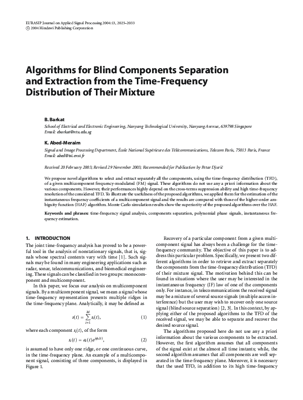 (PDF) Algorithms for Blind Components Separation and Extraction from the Time-Frequency ...