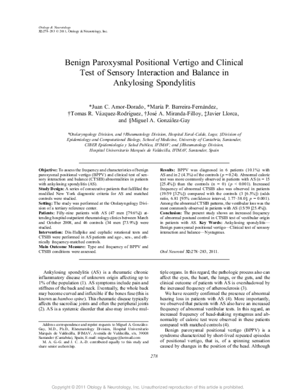 (PDF) Benign Paroxysmal Positional Vertigo and Clinical Test of Sensory ...