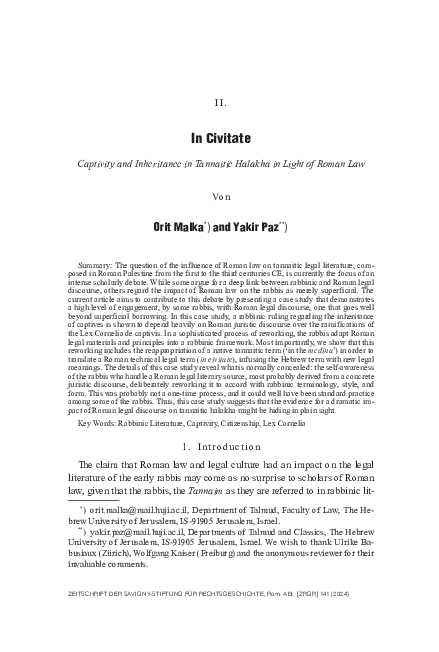 (PDF) In Civitate: Captivity and Inheritance in Tannaitic Halakha in ...