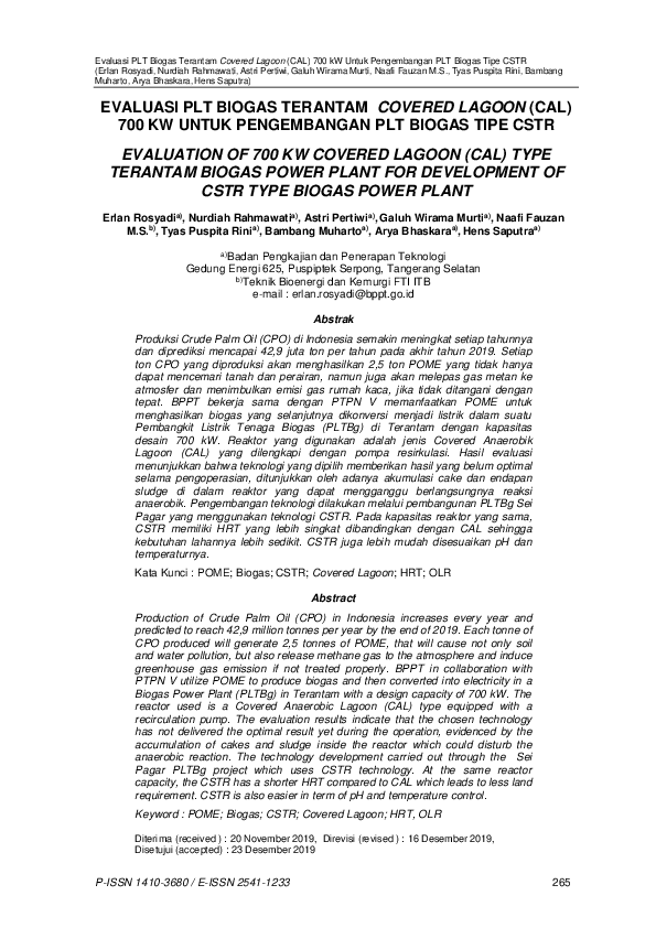 (PDF) Evaluasi PLT Biogas Terantam Covered Lagoon (CAL) 700 Kw Untuk ...