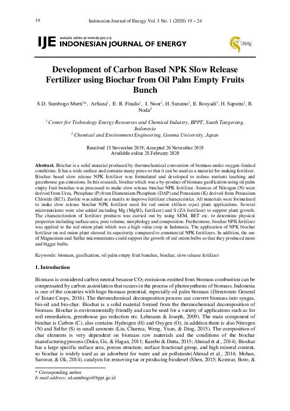 (PDF) Development of Carbon Based NPK Slow Release Fertilizer using Biochar from Oil Palm Empty ...