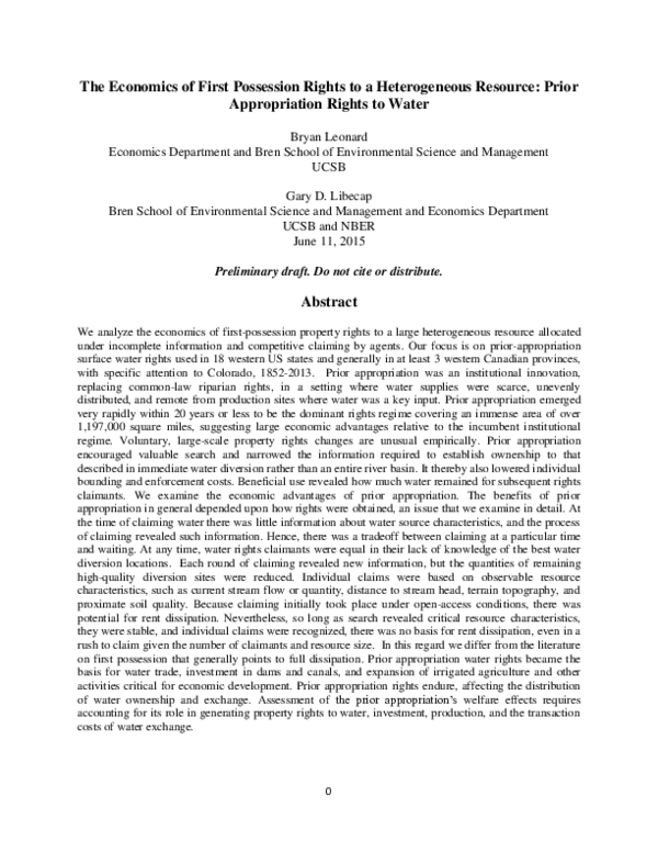 (PDF) The Economics of First Possession Rights to a Heterogeneous ...