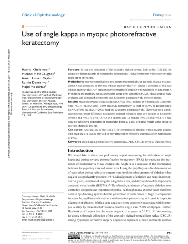 (PDF) Use of angle kappa in myopic photorefractive keratectomy | Ramin ...