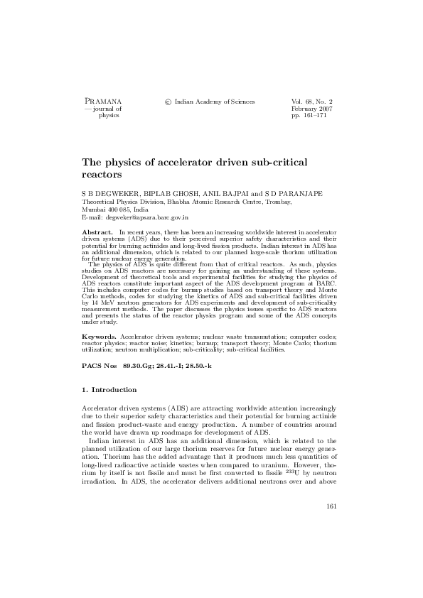(PDF) The physics of accelerator driven sub-critical reactors