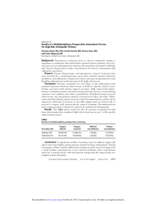 (PDF) Results of a Multidisciplinary Preoperative Assessment Process ...