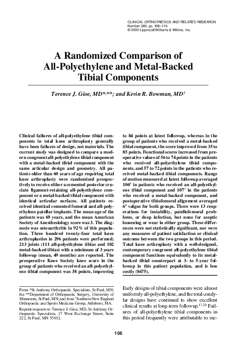 (PDF) A Randomized Comparison of All-Polyethylene and Metal-Backed ...